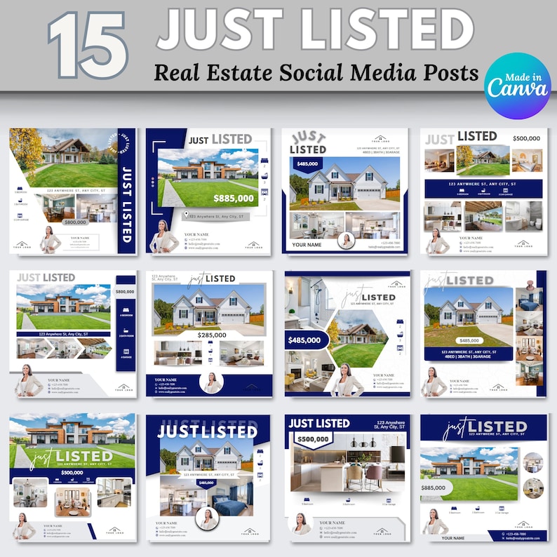 Real Estate Social Media Posts: Just Listed Canva Templates (digital ...