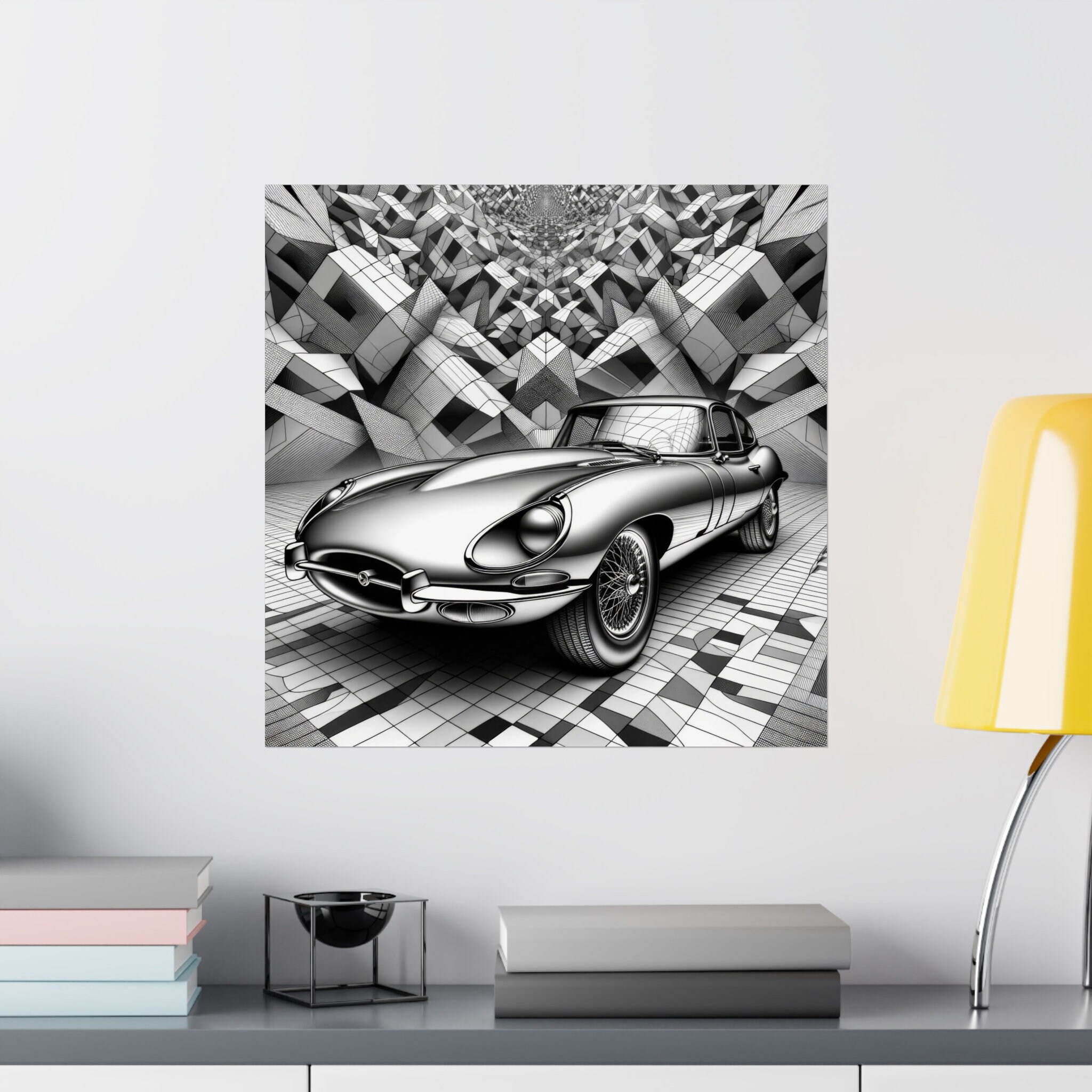 Escher-style Illustration of a Jaguar Car, Geometric Abstract Art Print ...