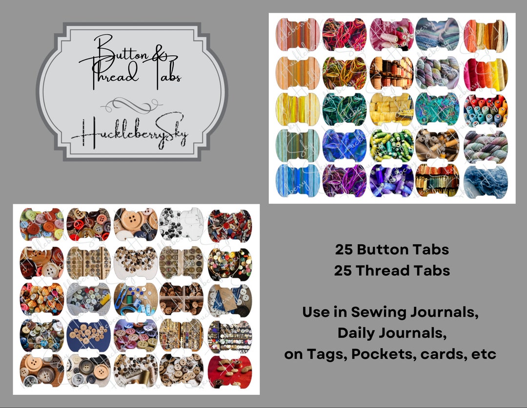 50 Button and Thread Tabs for Sewing Journals, Tags, Pockets, Journal ...