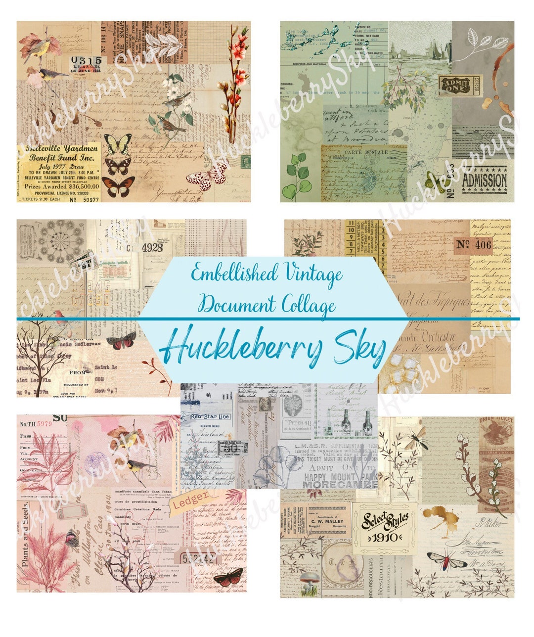 Vintage Look Document Collage Pages, Embellished, Vintage Document ...