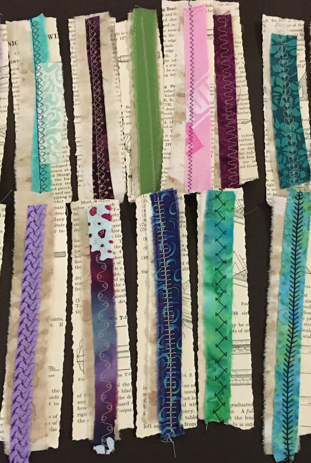 7 Book Page and Fabric Strips, Stitched Book Page With Fabric Scraps ...