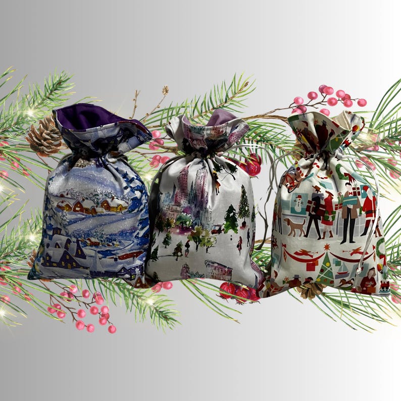 Holiday Scene Fabric Drawstring Gift Bags, Fully Lined, 9 Prints ...