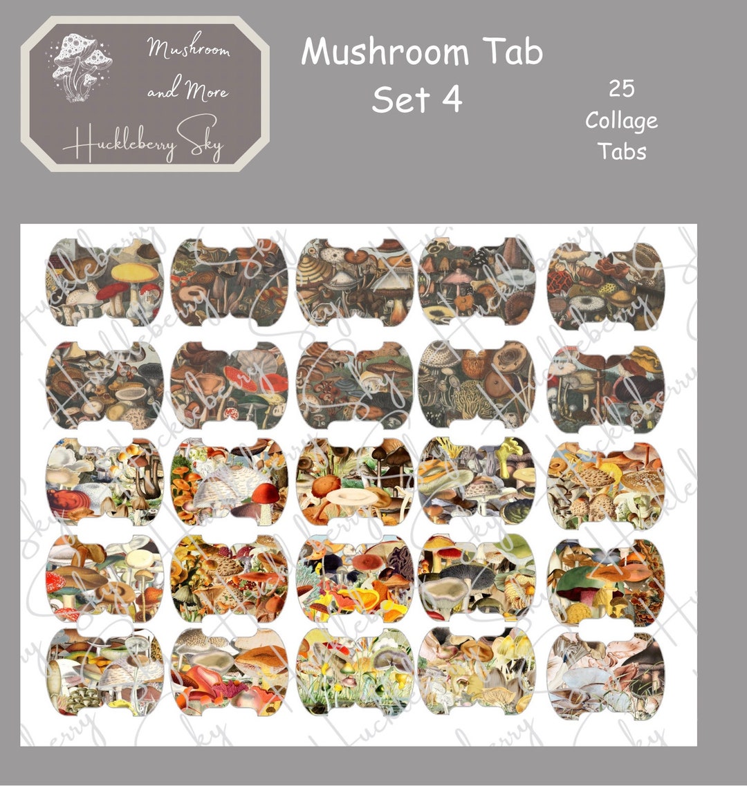 Mushroom Tabs Set 4. Round, Whale Tale Style Tabs: Collaged Mushroom ...