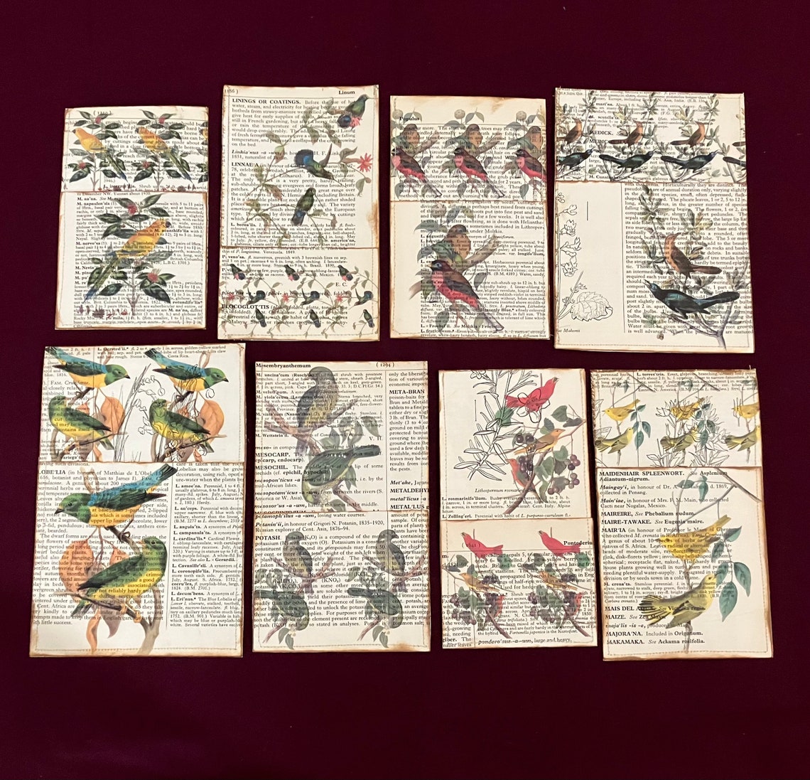 8 Book Page Pockets With Printed Bird Images - Neutral Thread Stitched ...