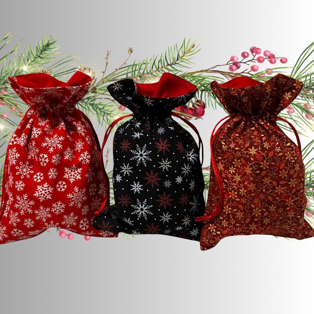 Snowflake or Star Fabric Drawstring Gift Bags, Fully Lined, 12 Prints ...