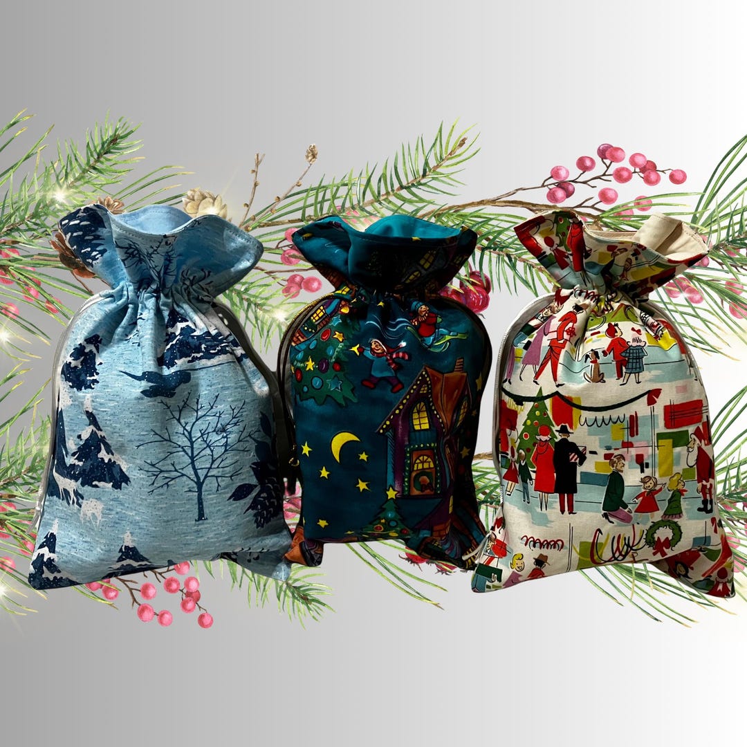 Holiday Scene Fabric Drawstring Gift Bags, Fully Lined, 9 Prints ...