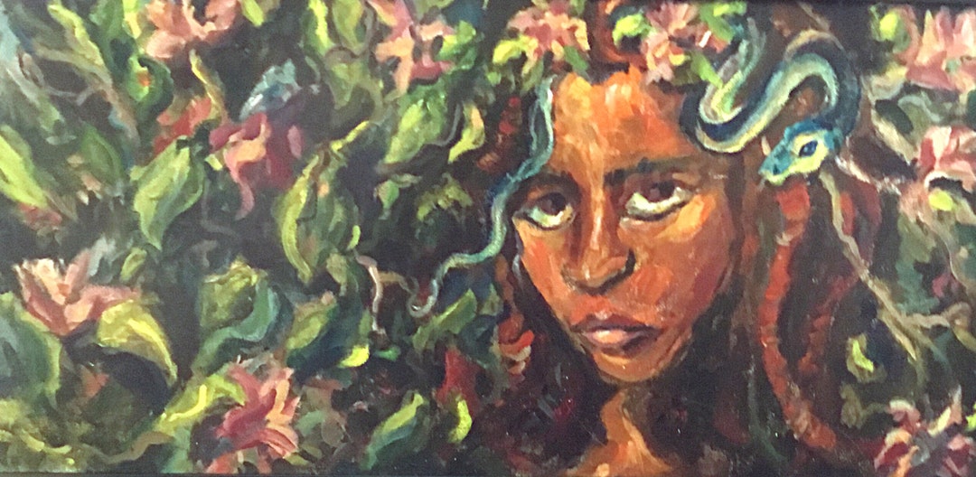 Eve Expressionist Acrylic Painting in Browns, Greens Blues and Purples ...