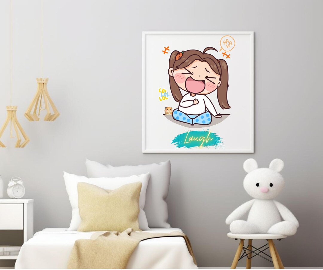 Chibi Girl Feeling Laugh Poster Bedroom Wall Art Decor Kids Cartoon ...