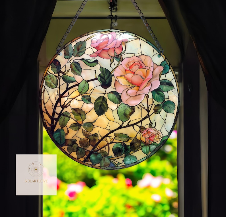 Elegant Stained Glass Flower Window Hanger, Glass Disc Suncatcher, Gift ...