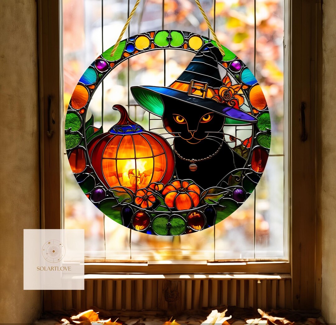 Cute Halloween Sun Catcher Disk, Halloween Window Hanger, Spooky Cat ...