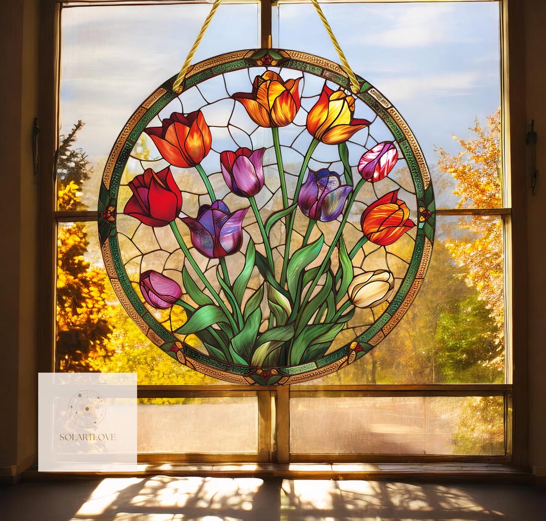 Elegant Stained Glass Flower Window Hanger, Glass Disc Suncatcher, Gift ...