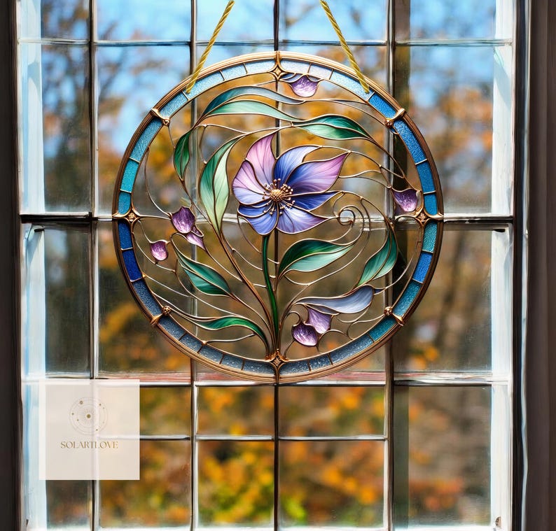 Elegant Stained Glass Flower Window Hanger, Glass Disc Suncatcher, Gift ...