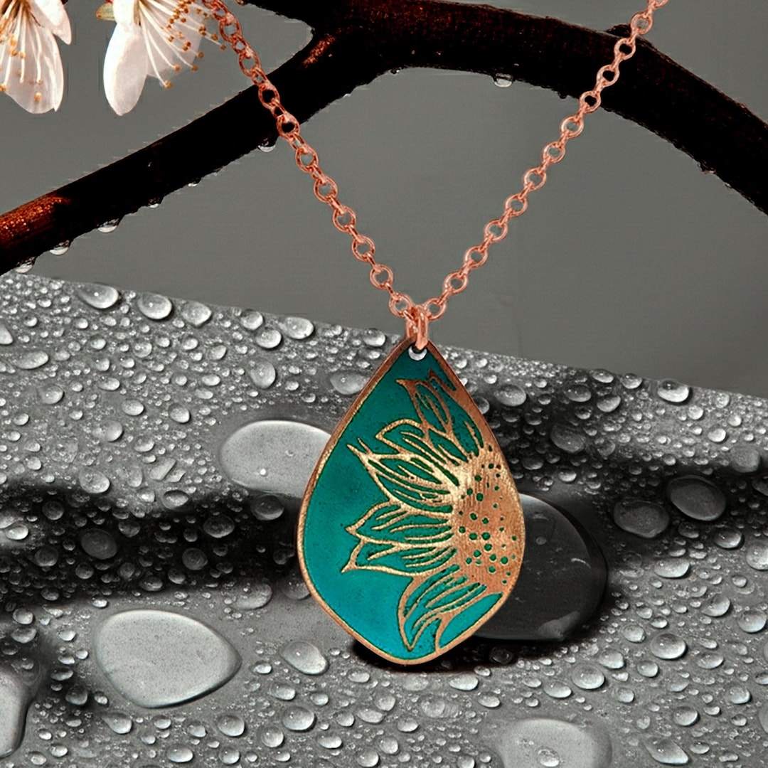 Etched Copper Sunflower Pendant: Verdigris Patina, Copper Cable Chain ...