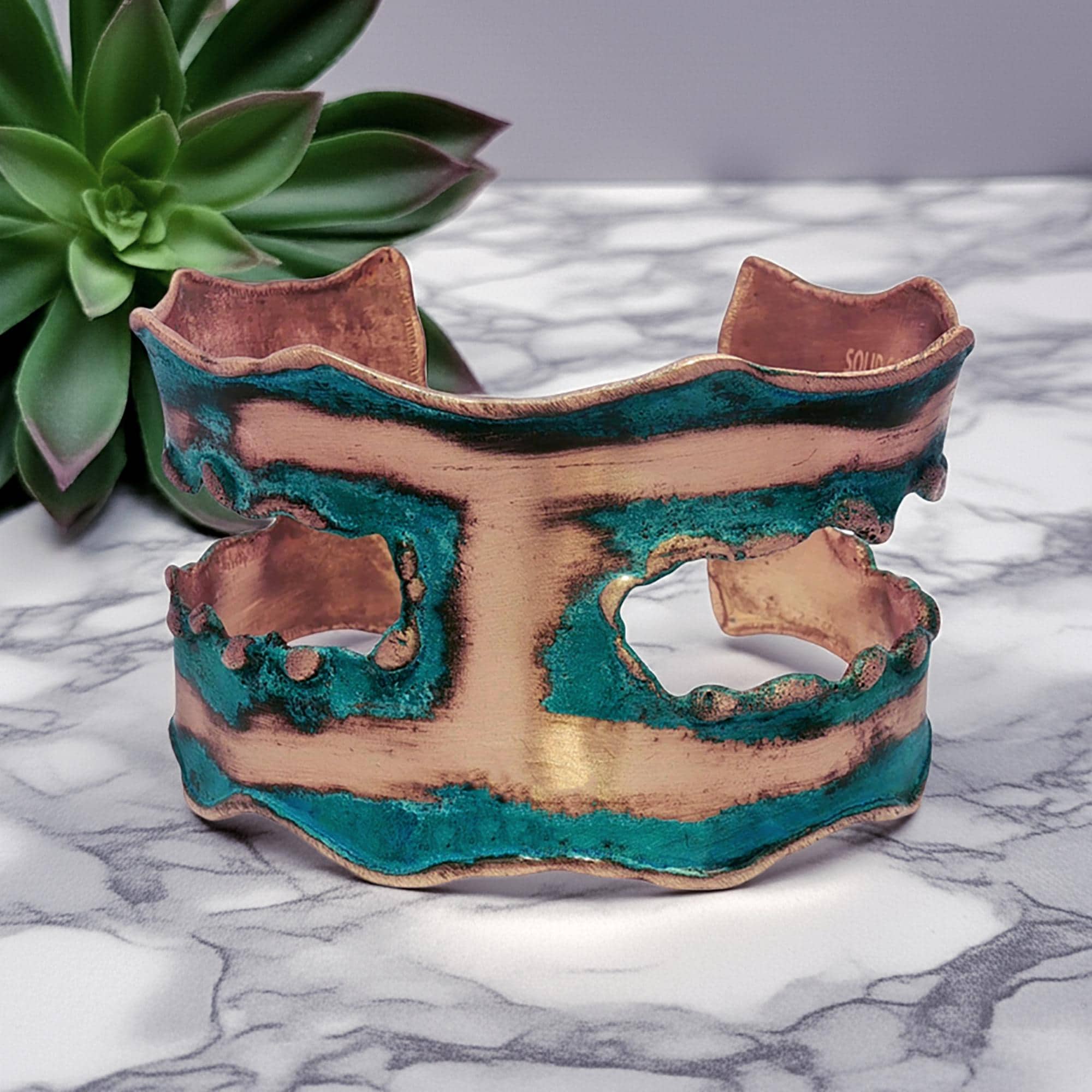 Verdigris Patina Copper Cuff Bracelet: Asymmetrical Cutouts, Adjustable ...