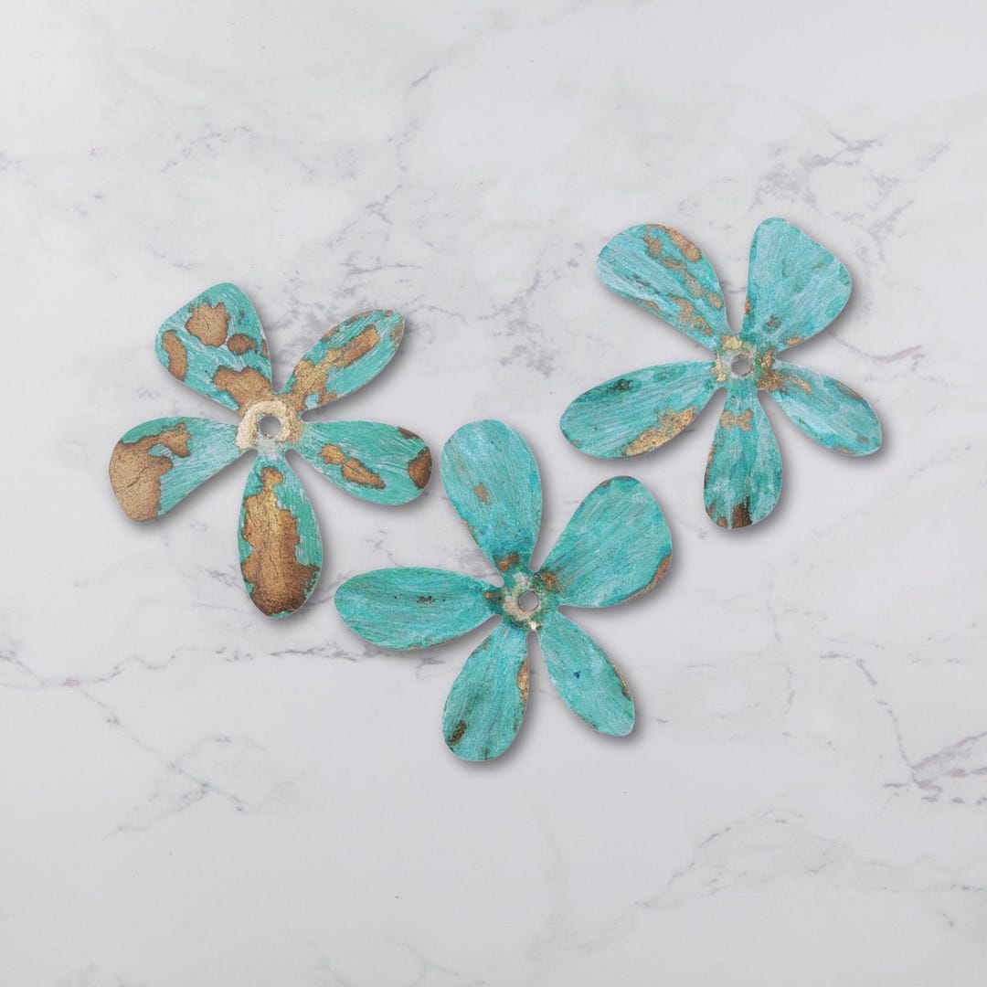 Hand Painted Brass Flower Stampings: Verdigris Patina, Gold Accents ...