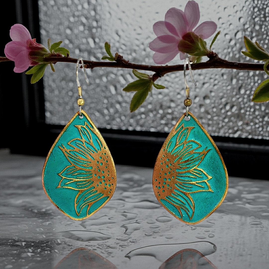 Rustic Copper Sunflower Teardrop Earrings, Verdigris Patina (hand ...