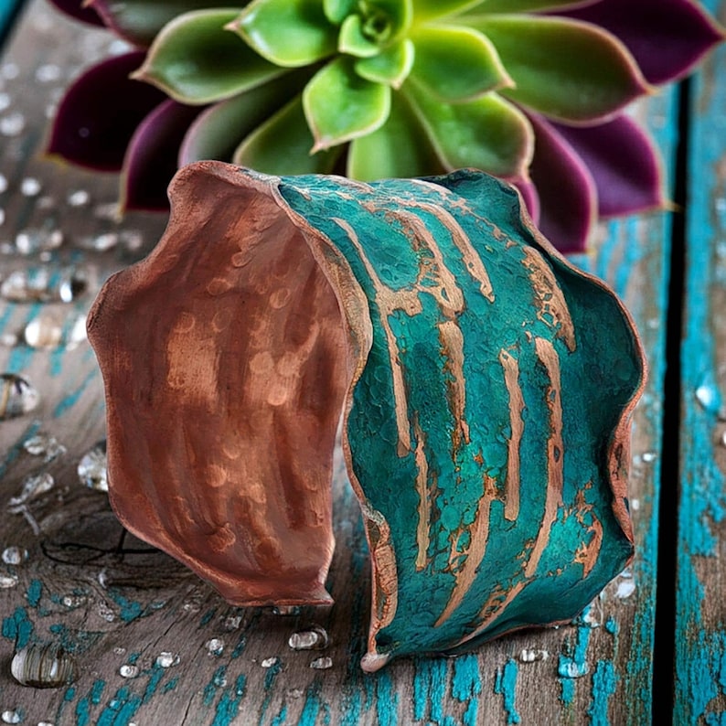 Copper Cuff Bracelet: Verdigris Patina - Crumpled Foil, Torn Edge - Etsy