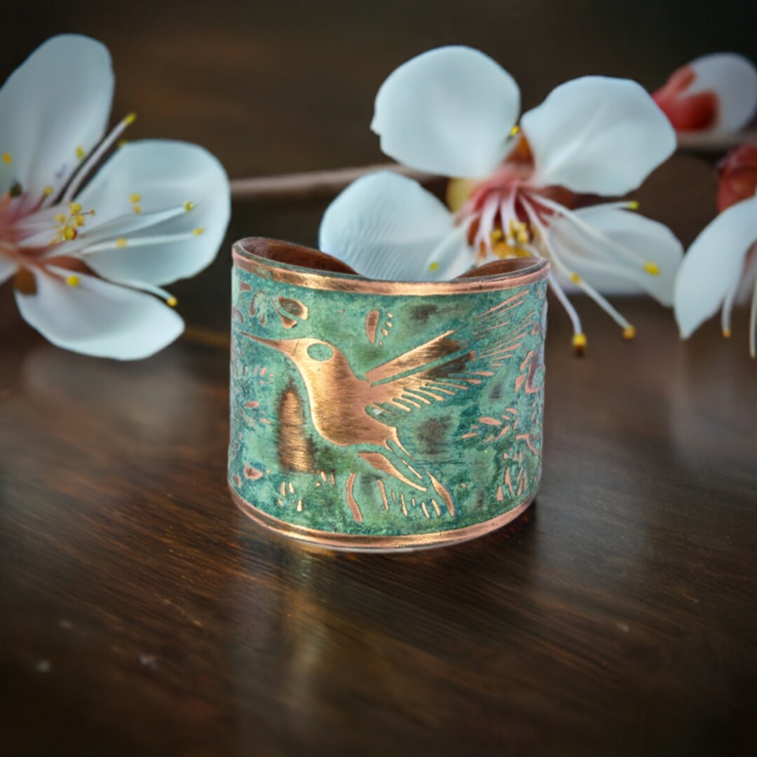 Solid Copper Statement Patina Cuff Ring With Hummingbird Floral Design ...