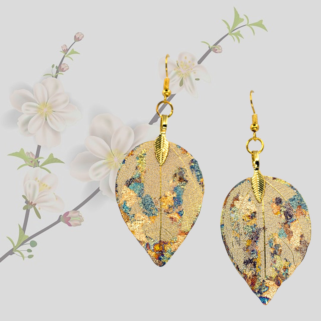 Real Leaf Yellow Gold Earrings, Natural Leaf Earrings, Real Leaf ...