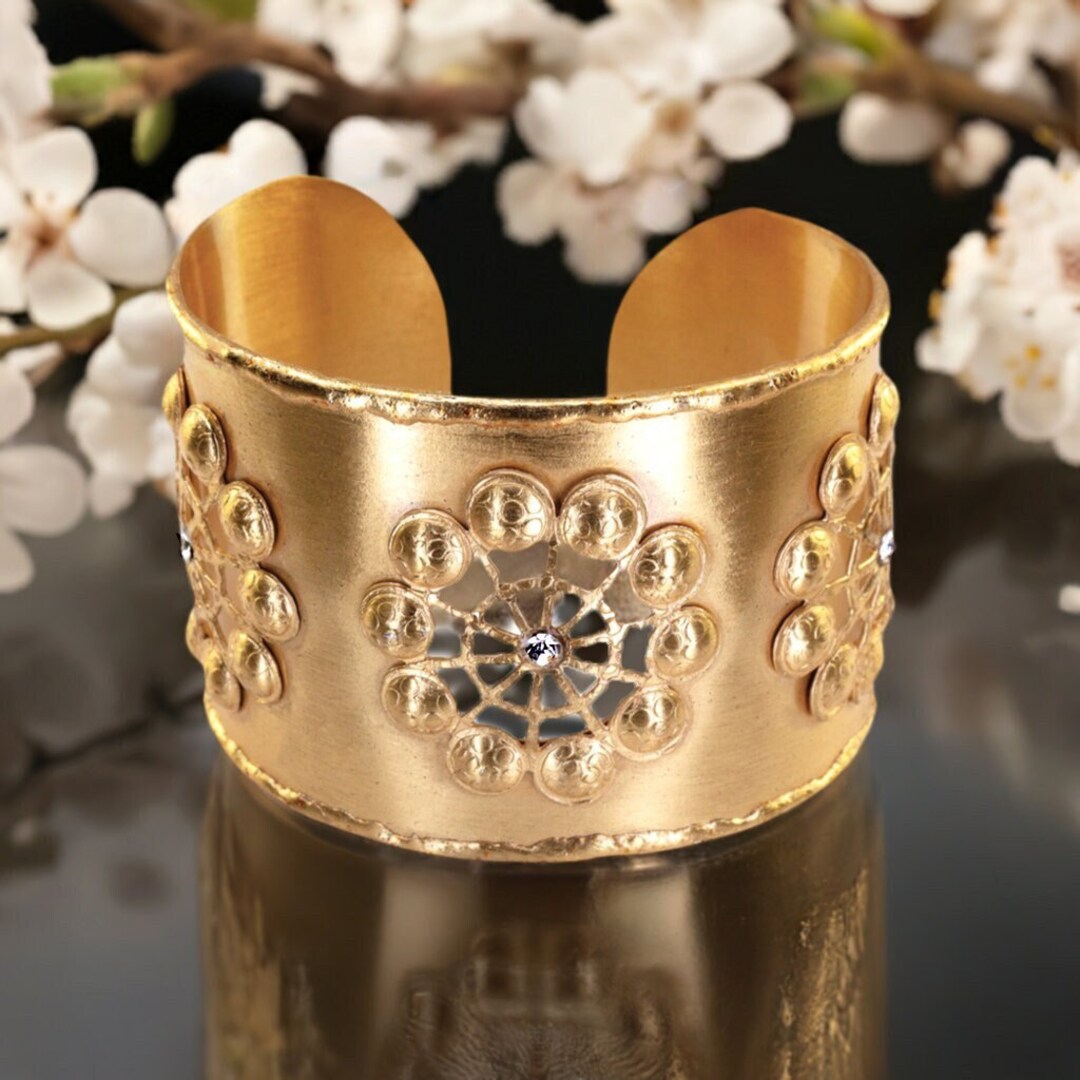 Wide Gold Cuff, Molten Wide Gold Brass Cuff With Flower Cutouts ...