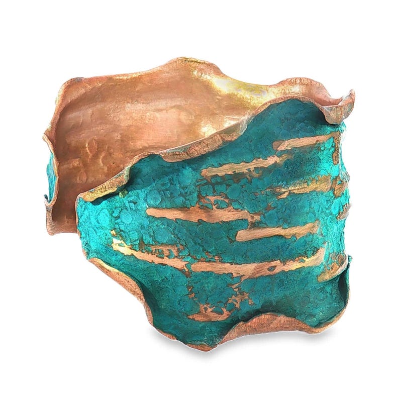 Copper Cuff Bracelet: Verdigris Patina - Crumpled Foil, Torn Edge - Etsy