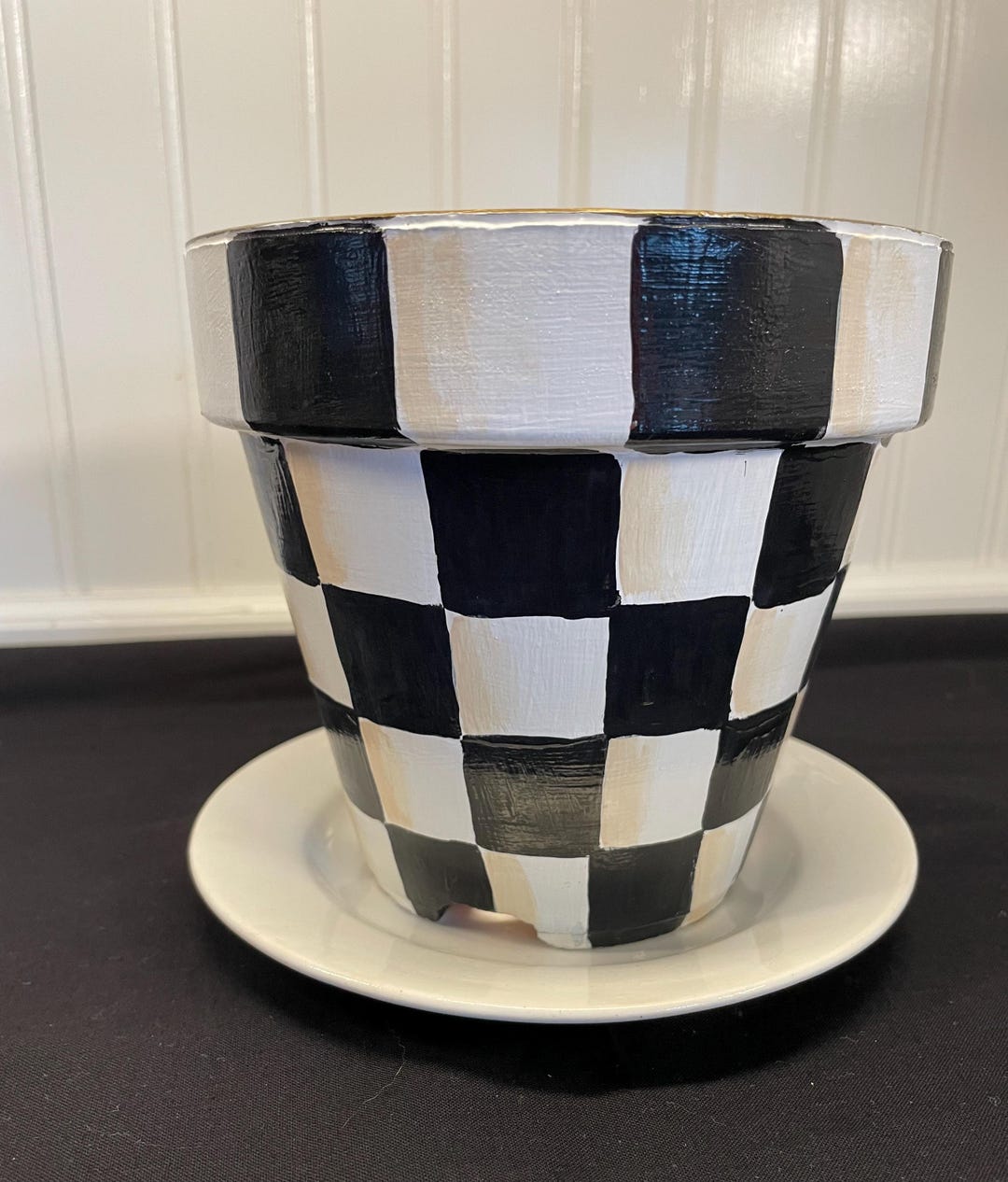 Black and White Painted Flower Pot, Checkered Pattern, Terracotta Pot ...