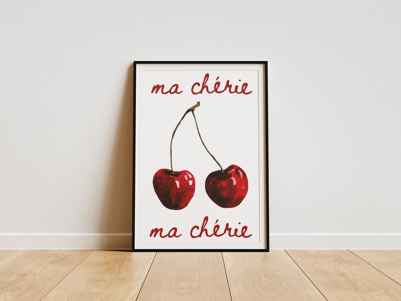 Ma Cherie Cherry Wall Art, Cute Red Cherries Poster, Coquette French ...