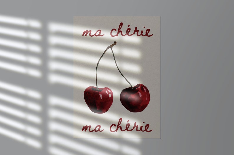 Ma Cherie Cherry Wall Art, Cute Red Cherries Poster, Coquette French ...