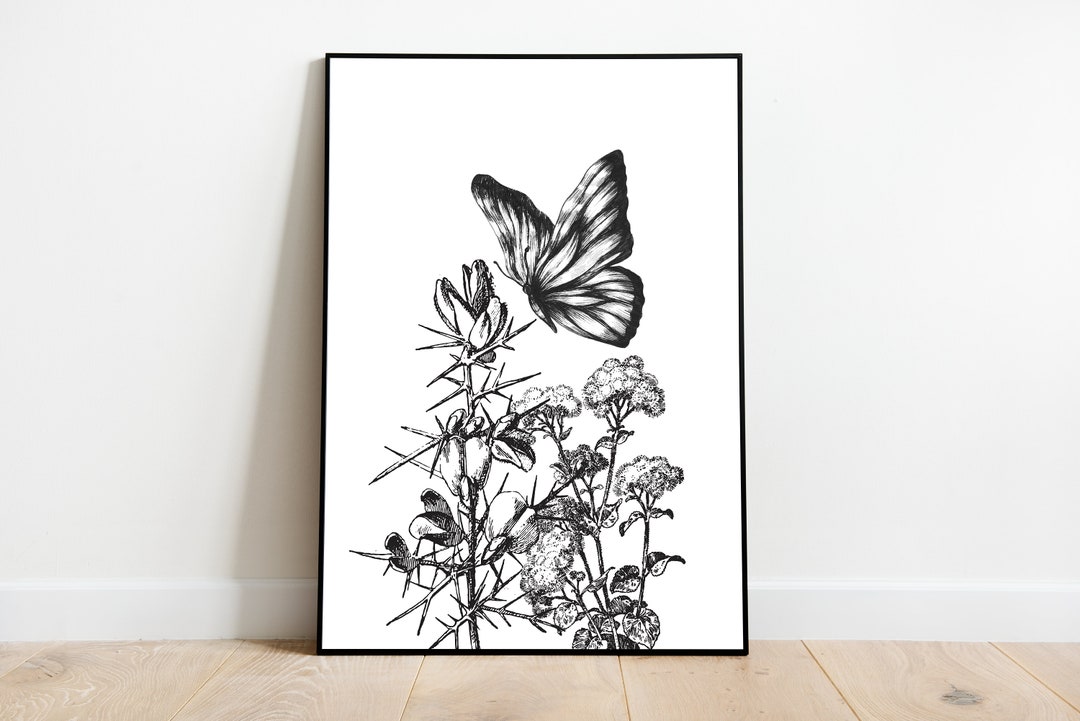 Cool Butterfly Print, Thorny Plant-life Poster, Floral Aesthetic Wall ...
