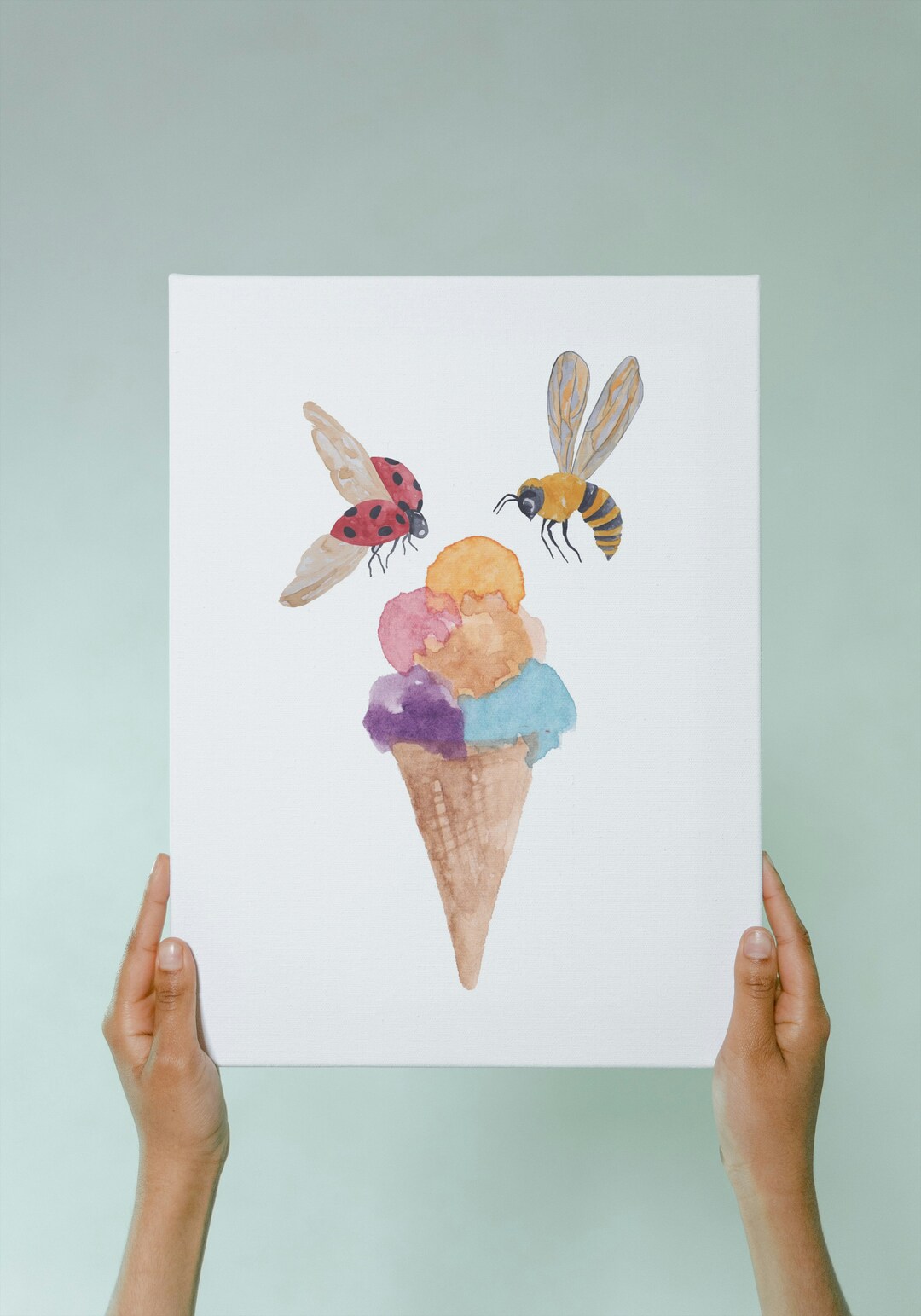 Ice Cream Lady Bug Bumble Bee Poster, Watercolor Wall Art, Insect Print ...