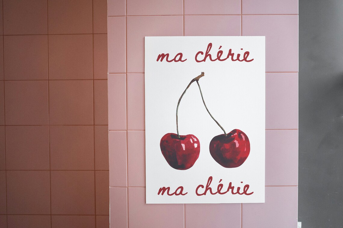Ma Cherie Cherry Wall Art, Cute Red Cherries Poster, Coquette French, Sweet, Kitchen Decor ...