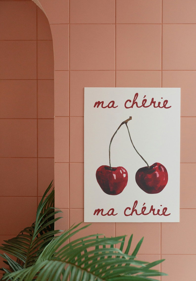 Ma Cherie Cherry Wall Art, Cute Red Cherries Poster, Coquette French ...
