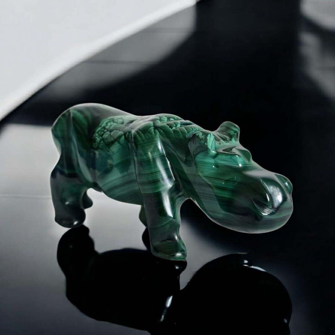Hand Carved Malachite Hippo Figurine: Green Crystal Sculpture, 4.5 Inch ...
