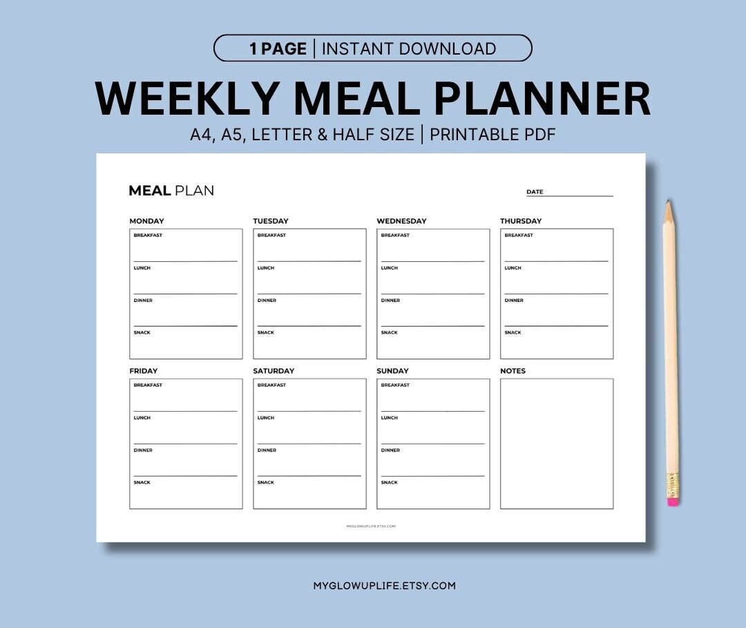 Printable Weekly Meal Planner Landscape, Food Diary, Meal Tracker, Food ...