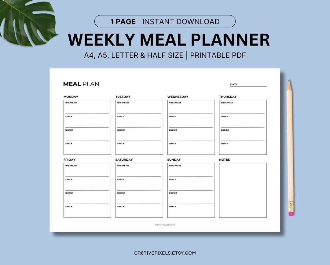Printable Weekly Meal Planner Landscape, Food Diary, Meal Tracker, Food ...