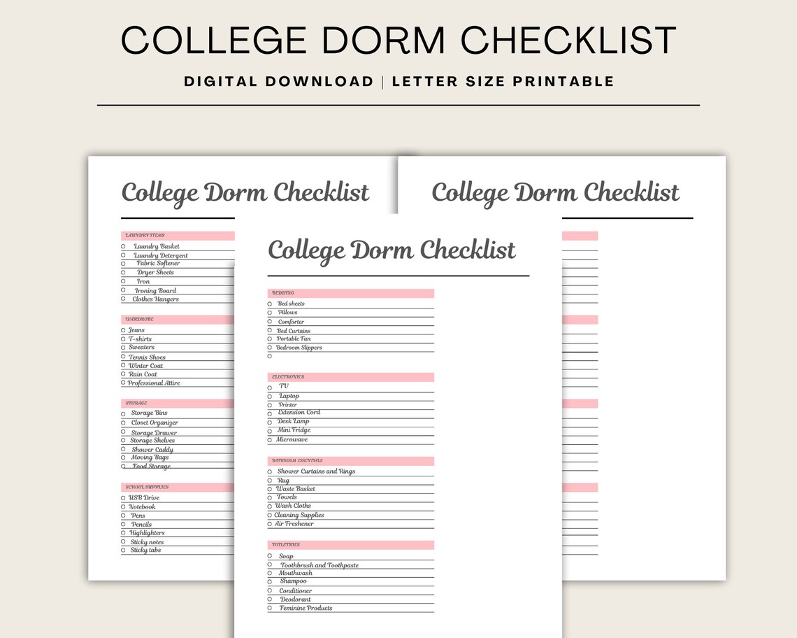 College Dorm Checklist, Dorm Room Checklist, Move in Checklist, Dorm ...