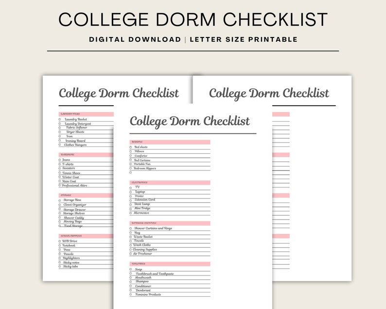 College Dorm Checklist, Dorm Room Checklist, Move in Checklist, Dorm ...