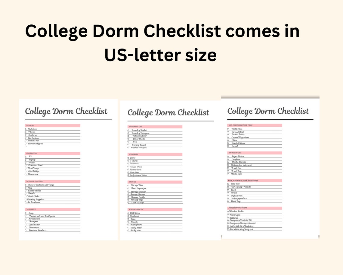 College Dorm Checklist, Dorm Room Checklist, Move in Checklist, Dorm ...