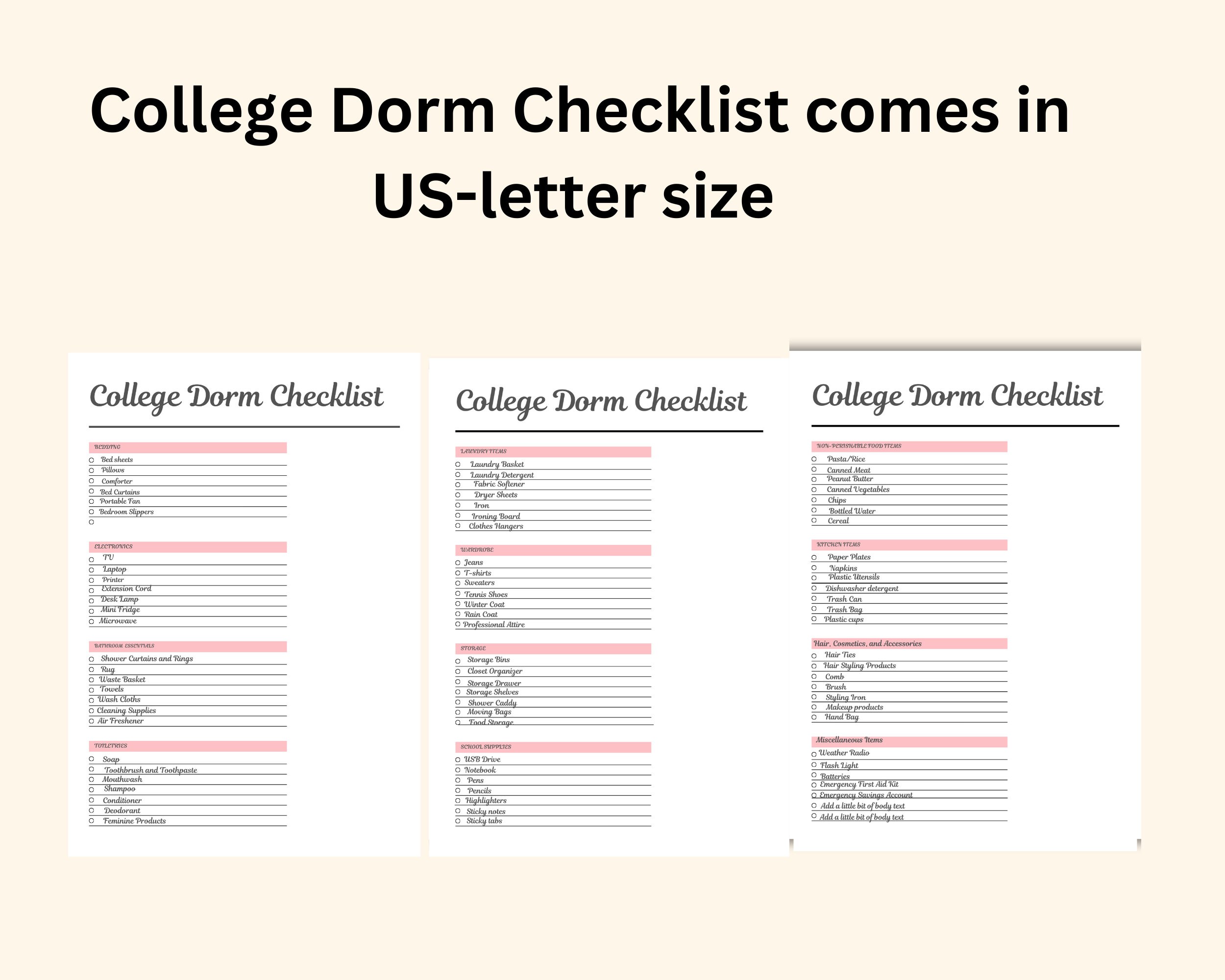 College Dorm Checklist, Dorm Room Checklist, Move in Checklist, Dorm ...