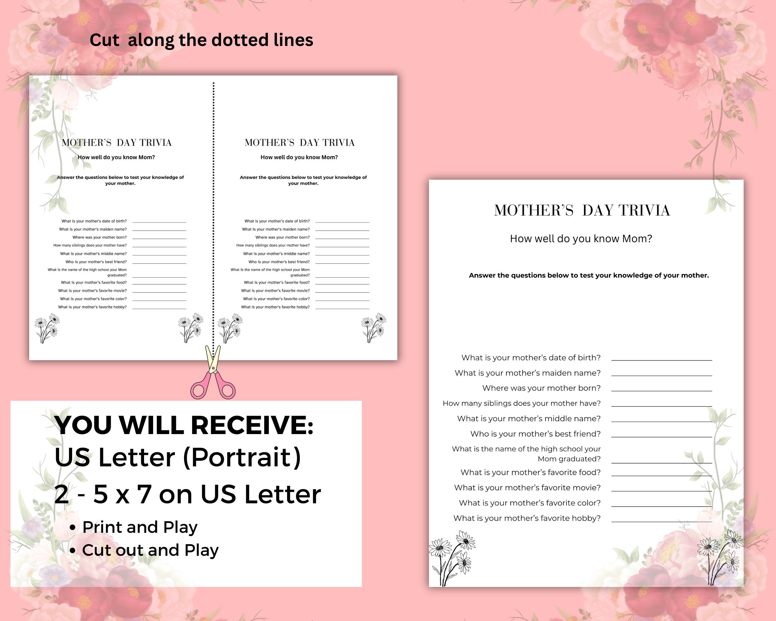 Mother's Day Trivia Game, Mother's Day Printable Games, Mother's Day ...