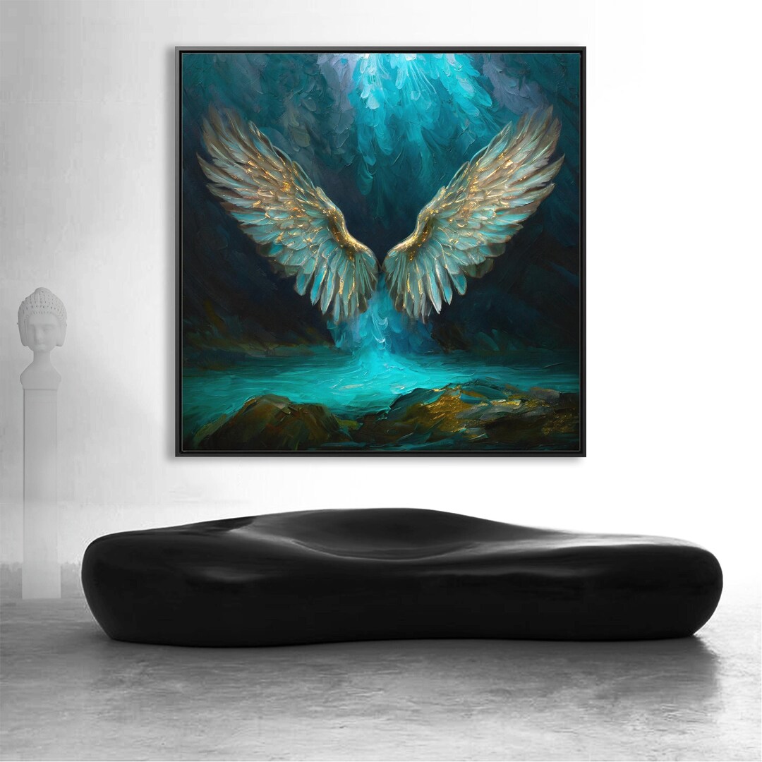 Angel Wings Painting Wall Art, Abstract White Angel Wings on Blue Water ...