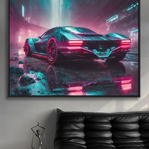 Cyberpunk Car Wall Art, Futuristic Sport Street Race Car Canvas, Neon ...