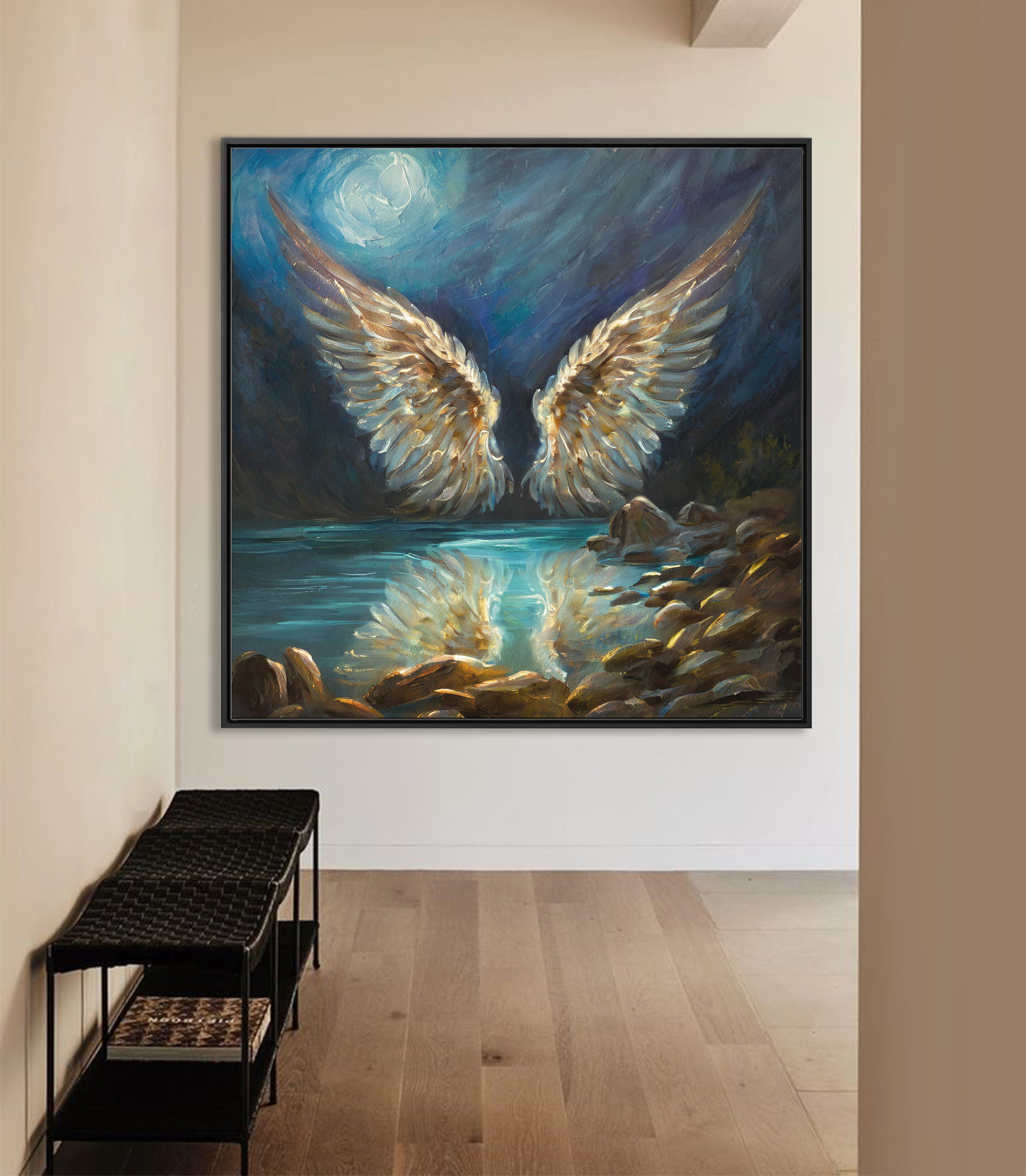 Angel Wings Painting, Abstract Angel Wings on Ocean Framed Canvas, White Angel Wings Wall Art ...
