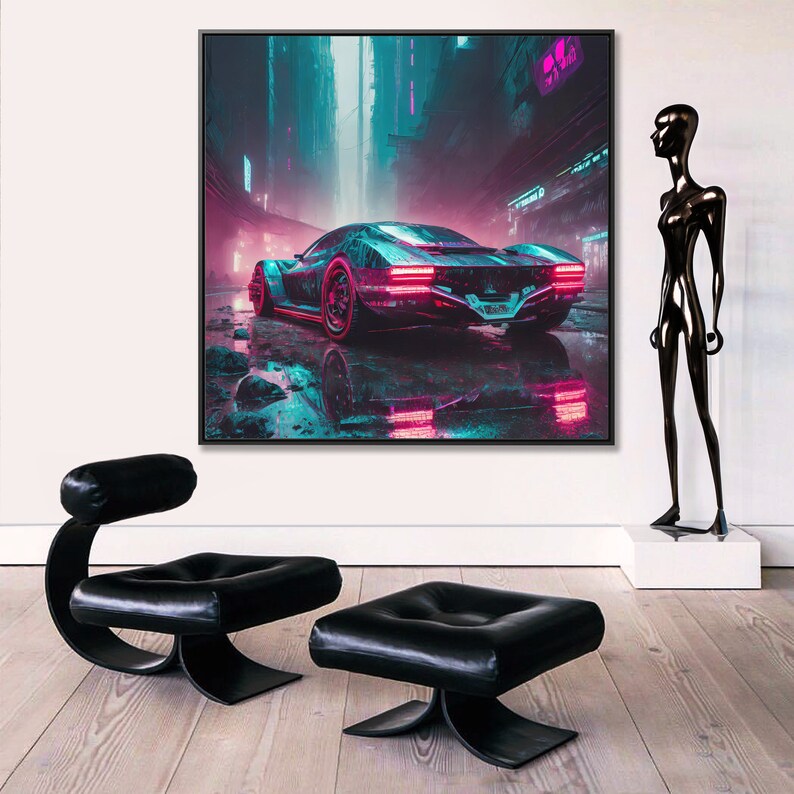Cyberpunk Car Wall Art, Futuristic Sport Street Race Car Canvas, Neon ...
