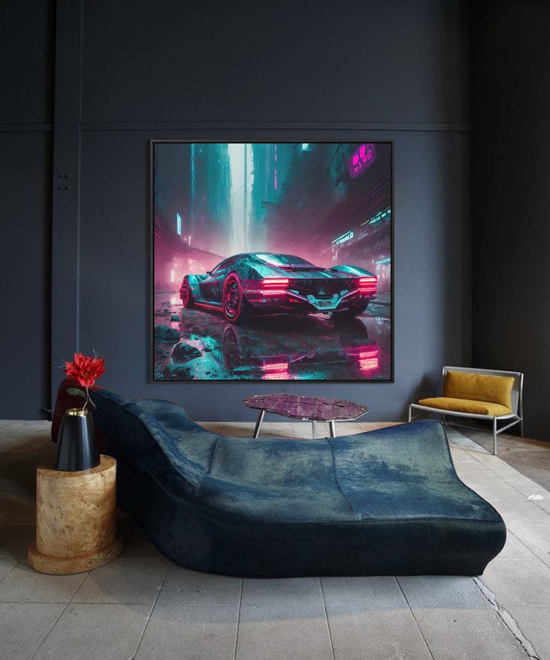 Cyberpunk Car Wall Art, Futuristic Sport Street Race Car Canvas, Neon ...