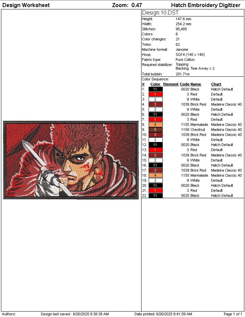 Guts Embroidery Design | Berserk Anime Machine Embroidery | DST PES ...