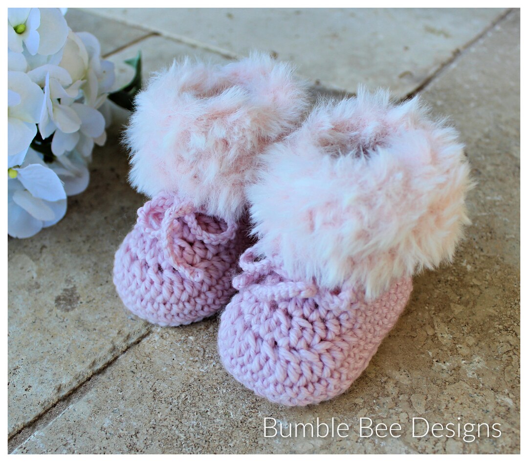 Crochet Baby Booties, Pink Fur Booties, Fur Shoes, Knitted Boots, 0-12 ...