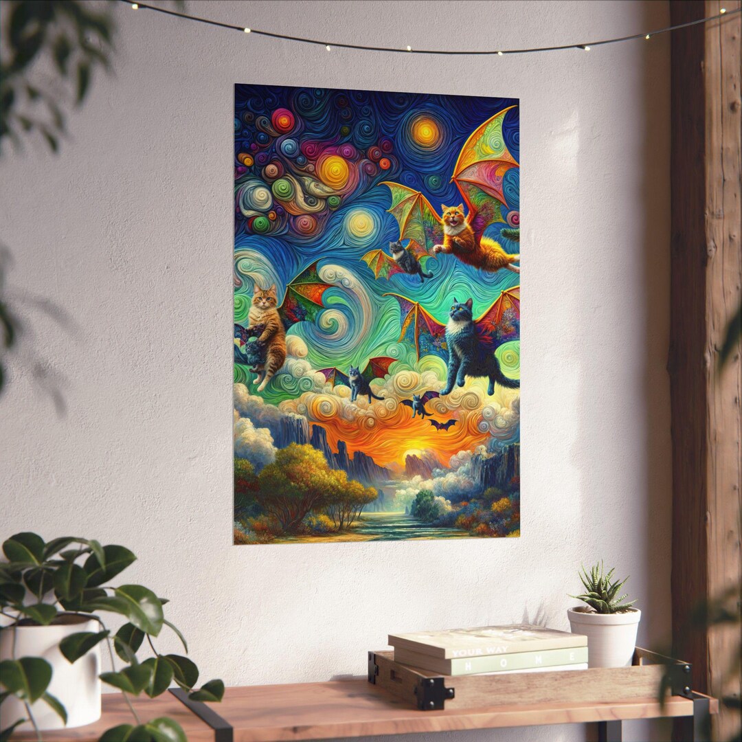 Bat Cat Halloween Poster, Fun Flying Cats Wall Print, Matte Vertical ...