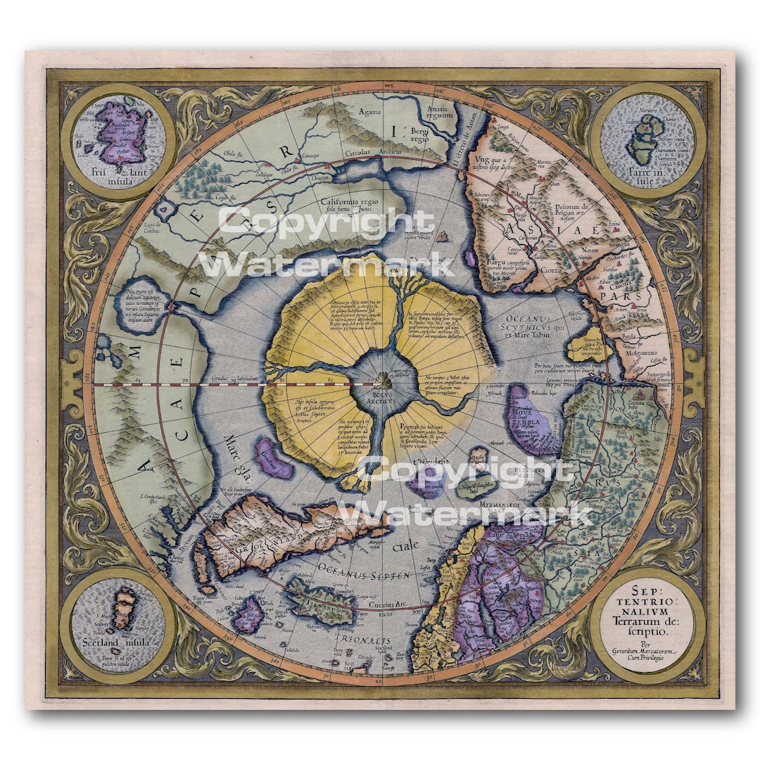 Mercator North Pole Flat Earth Map, Arctic Circle Old Map of the World ...