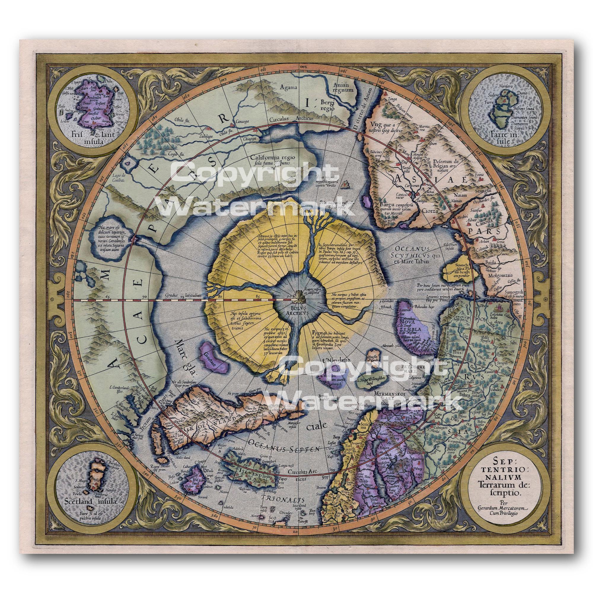 Mercator North Pole Flat Earth Map, Arctic Circle Old Map of the World ...